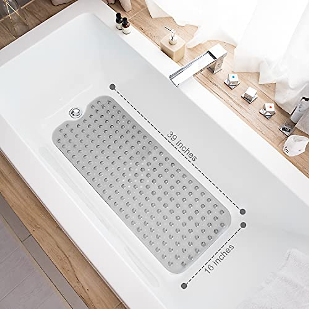 TEESHLY Bathtub Mats for Shower Tub Extra Long Non-Slip Bath Mat, 39 x 16 Inch Shower Mat with Drain Holes and Suction Cups, Bath Tub Mat for Bathroom with Machine Washable (Clear Grey)