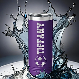 Personalized Soccer Ball Tumbler with Lid Laser Engraved on Purple 22 oz Stainless Steel Insulated Cup Birthday Gift for Men, Women, Sports Lover