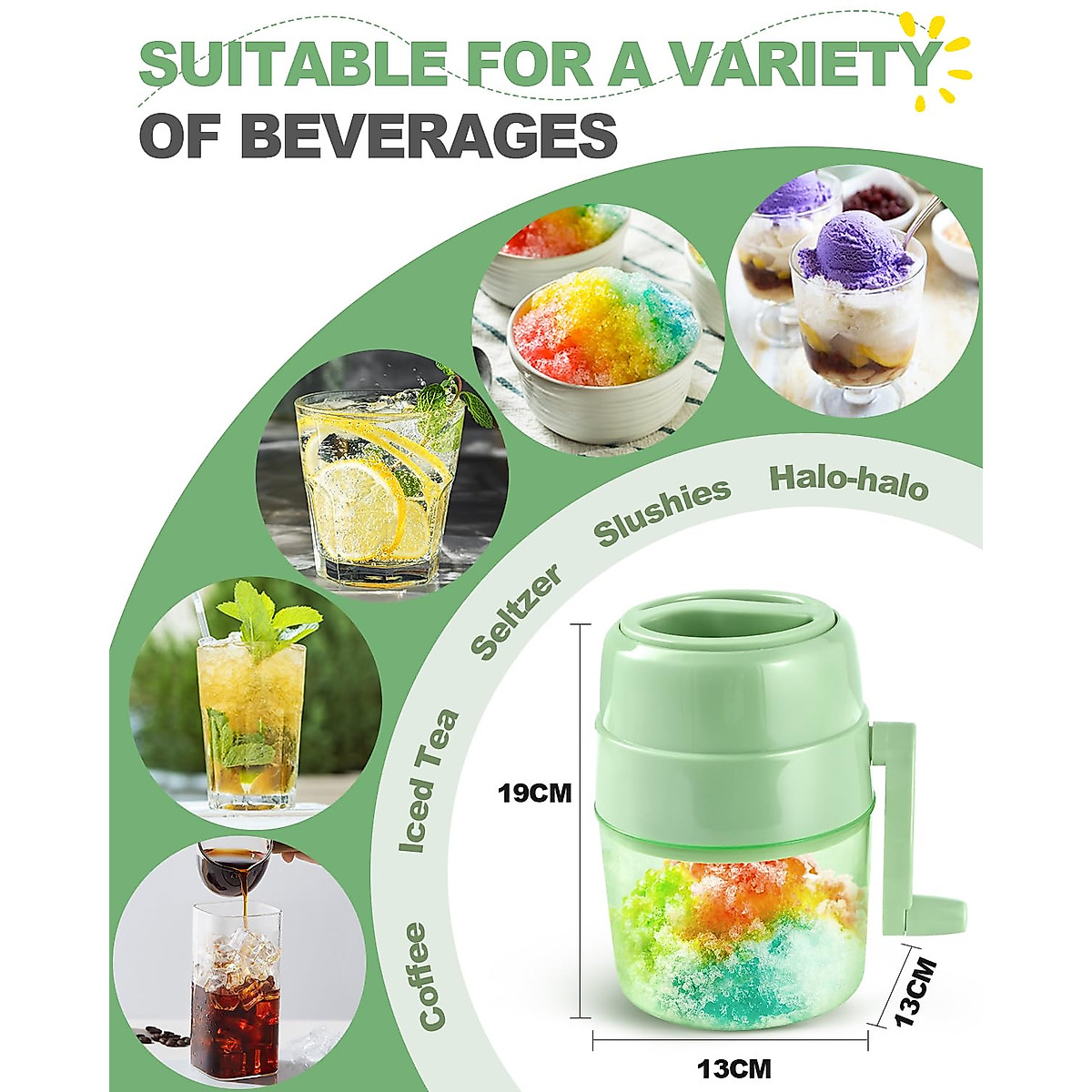 Goldtouch Snow Cone Machine Shaved Ice Machine Manual Ice shaver Machine Double Stainless Steel Blade Ice Crusher with Instruction Manual 3-year Manufacturer’s Warranty Green