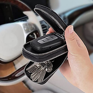 Car Key Fob Case, Genuine Leather Remote Keychain Bag with Lanyard and Zipper Closure, Key Protection Cover for Men Women (Black)
