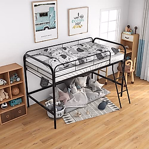 Majnesvon Metal Low Loft Bed Twin Size with Sturdy Steel Frame, Twin Loft Bed Frame with Ladder and Safety Guardrails, Storage Space Under The Bed for Kids, Toddlers, Teens (Black)
