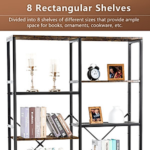 Becko US Bookshelf Bookcase Industrial 8 Tier Book Shelf Vintage Etagere Bookcase with Rustic Finish & Metal Frame & Wire Mesh