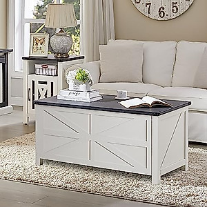 48” Modern Farmhouse Wood Coffee Table with 4 Large Storage Drawers; Decorative Rustic Living Room Coffee Table; Work from Home, Office and Living Room Storage for Books, Desk Supplies, Games, Blanket