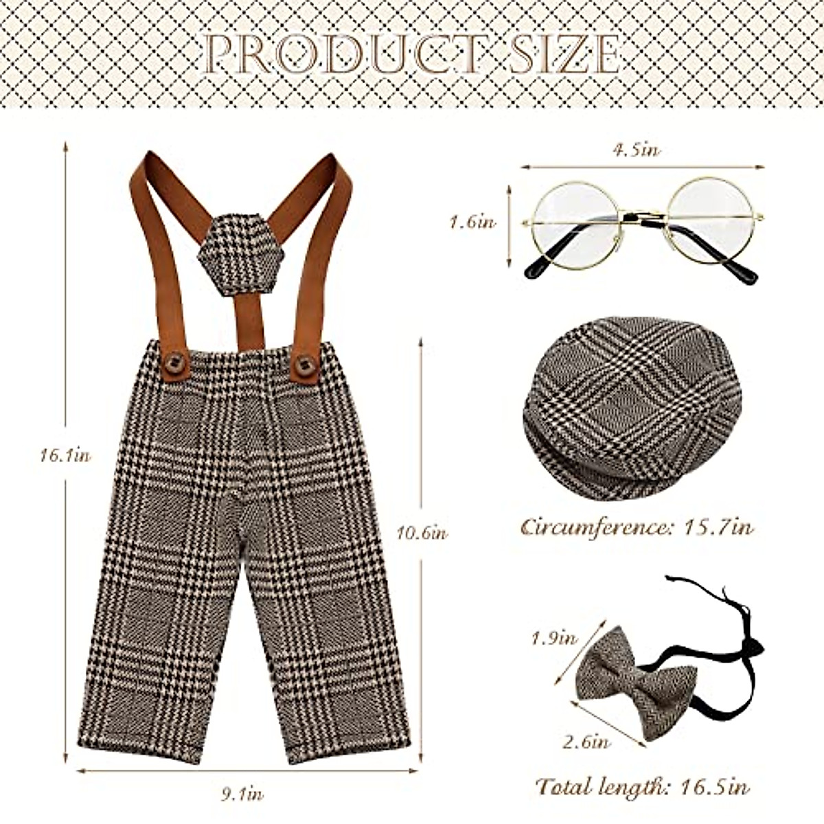 SPOKKI 4 Pcs Newborn Baby Photo Props, Lattice Rompers Suspender Pants with Beret Glasses Bow Tie for Infant Boys' Costumes, Newborn Boy Photography Outfit Set, Checked Fabric Gentleman Suit (Brown)