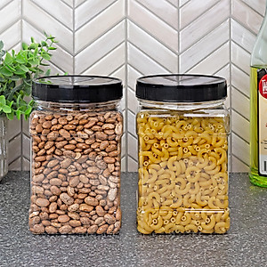 32oz Square Plastic Jars (4-Pack, Quart); Clear Rectangular 4-Cup Canisters w/Black Lids, Easy-Grip Side