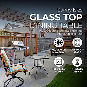 Four Seasons Courtyard Sunny Isles 27 Inch Outdoor Patio Bistro Dining Table Backyard Squared Furniture with Tempered Glass Tabletop, Black