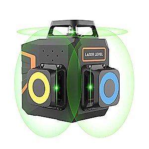 Greheywos Laser Level 12 Lines Self Leveling 3x360° 3D Green Cross Line for Construction and Picture Hanging, With Rechargeable battery, Remote Controller, Magnetic Rotating Stand, Mini Tripod Base