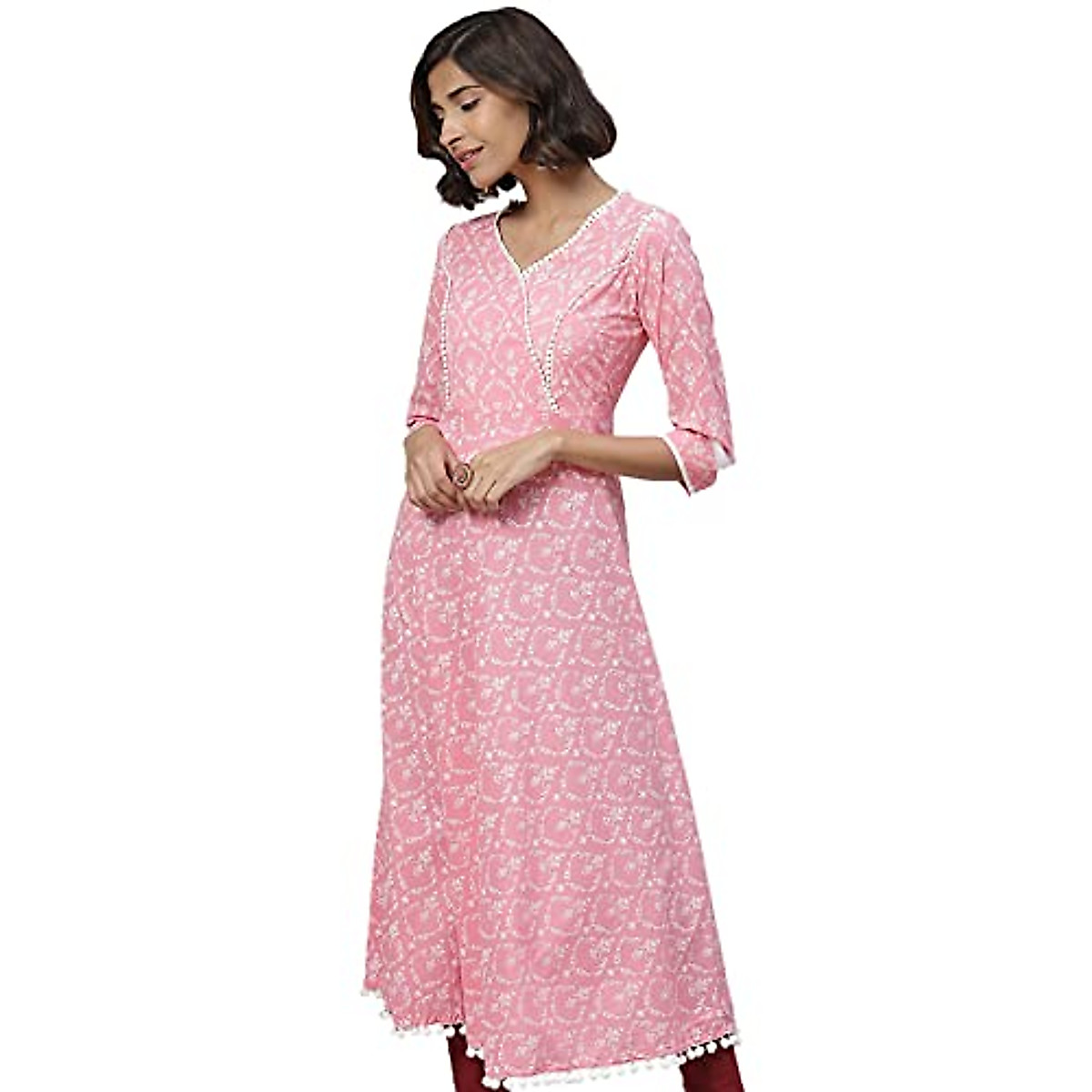 Yash Gallery Women's Cotton Floral Print Anarkali Kurtis (Light Pink)