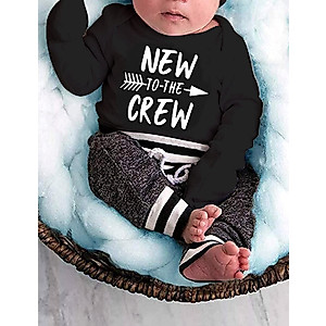 Kulcerry Infant Baby Boy Clothes New to The Crew Letter Print Long Sleeve Romper + Pants + Hat 3PCS Outfits Set（Black, 0-3 Months