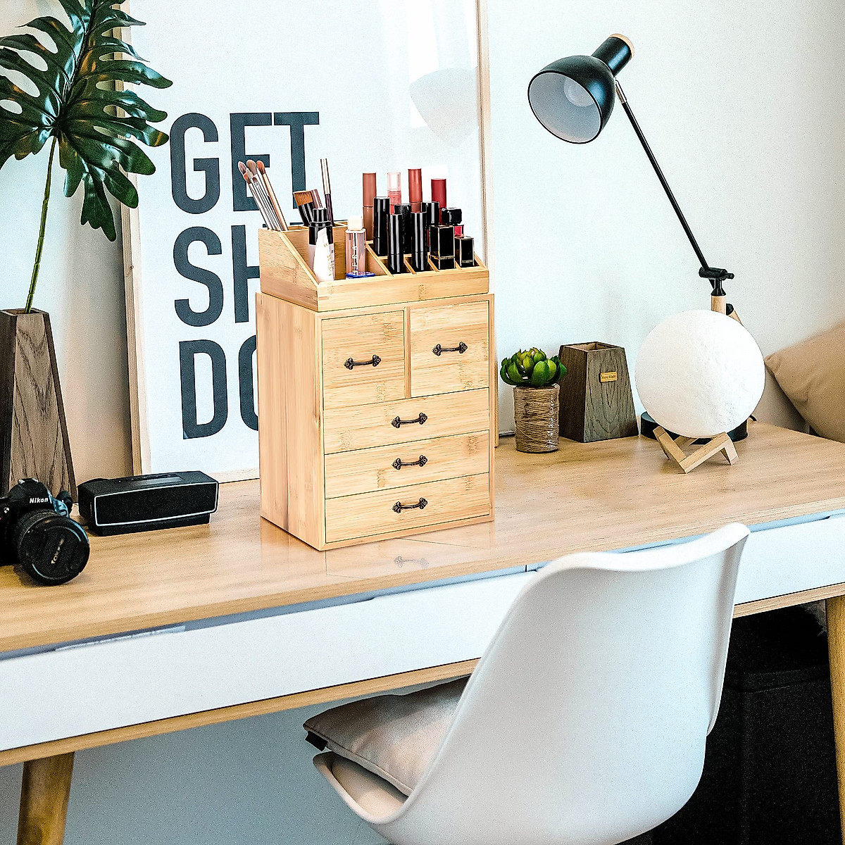 READAEER Bamboo Makeup Organizer with Drawers Large Cosmetic Organizer Countertop