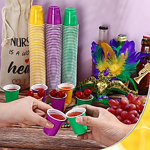 Meanplan 150 Pcs Mardi Gras 2 oz Plastic Shot Glasses Disposable Shot Cups Mini Colorful Small Party Cups for Mardi Gras Party Drinking Tasting Serving Snacks Samples, Purple Yellow Green