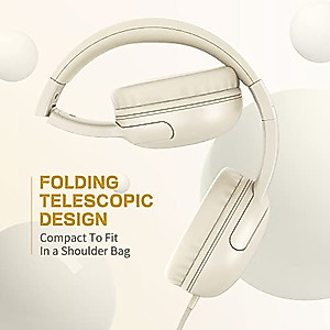 LORELEI E5 Wired Headphones for Kids Foldable & 3.5mm Jack Tangle Free Nylon Wire Stereo On Ear Headsets for Kids/Children/School/Tablet/Ipad/Kiddle/Plane (Beige White)