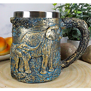 Ebros Animal Totem Spirit Safari Elephant And Calf Family Mug Textured With Rustic Textured Tree Bark Design In Painted Bronze Finish 12oz Drink Beer Stein Tankard Coffee Cup (Elephant Family)
