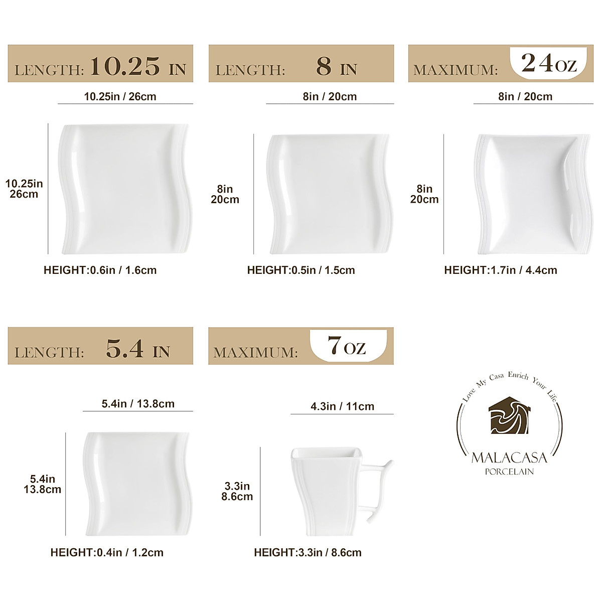 MALACASA Ivory White Dinnerware Set, 30-Piece Porcelain Dinnerware Sets, Modern Square Dinner Set Plates and Bowls for Dessert, Salad and Pasta, Cup and Saucer Set, Dinnerware Set for 6, Series Flora