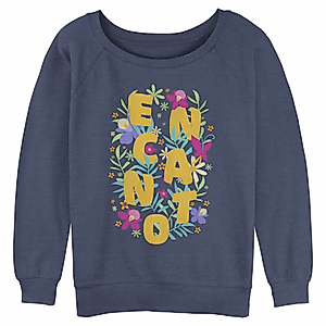 Disney Women's Encanto Flower Arrangement Junior's Raglan Pullover with Coverstitch, Blue Heather, Large