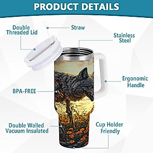 Slewiaeky Tumbler with Handle 40 oz Gothic Skull Cool Wolf Travel Mug with Lid and Straw Stainless Steel Vacuum Insulated Water Bottle Cup for Iced Tea Coffee Cold Beverages Cup Holder Friendly