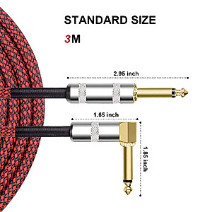YESPURE 10Ft Guitar Lead Cable,1/4 Straight to Right Angle Audio Instrument Cables for Electric Guitar, Bass Guitar,Electric Mandolin,Electric Bass,Pro Audio（10Ft/3M Red）
