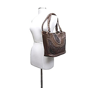 Montana West Ladies Concealed Gun Handbag Tooled Genuine Leather Dark Brown Medium