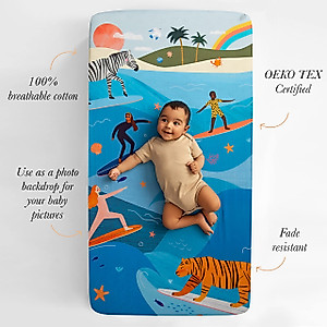 Rookie Humans 100% Cotton Sateen Fitted Crib Sheet: Surfing Safari. Modern Nursery, Use as a Photo Background for Your Baby Pictures. Standard Crib Size (52 x 28 inches)