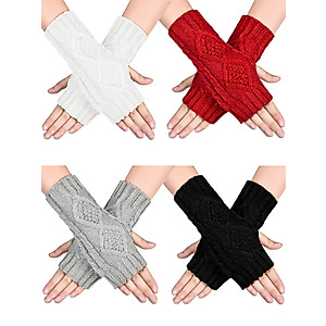 SATINIOR Women Warm Knit Fingerless Winter Gloves Thumbhole Arm Warmers Mittens (Black, Red, White, Light Grey, 4 Pairs)