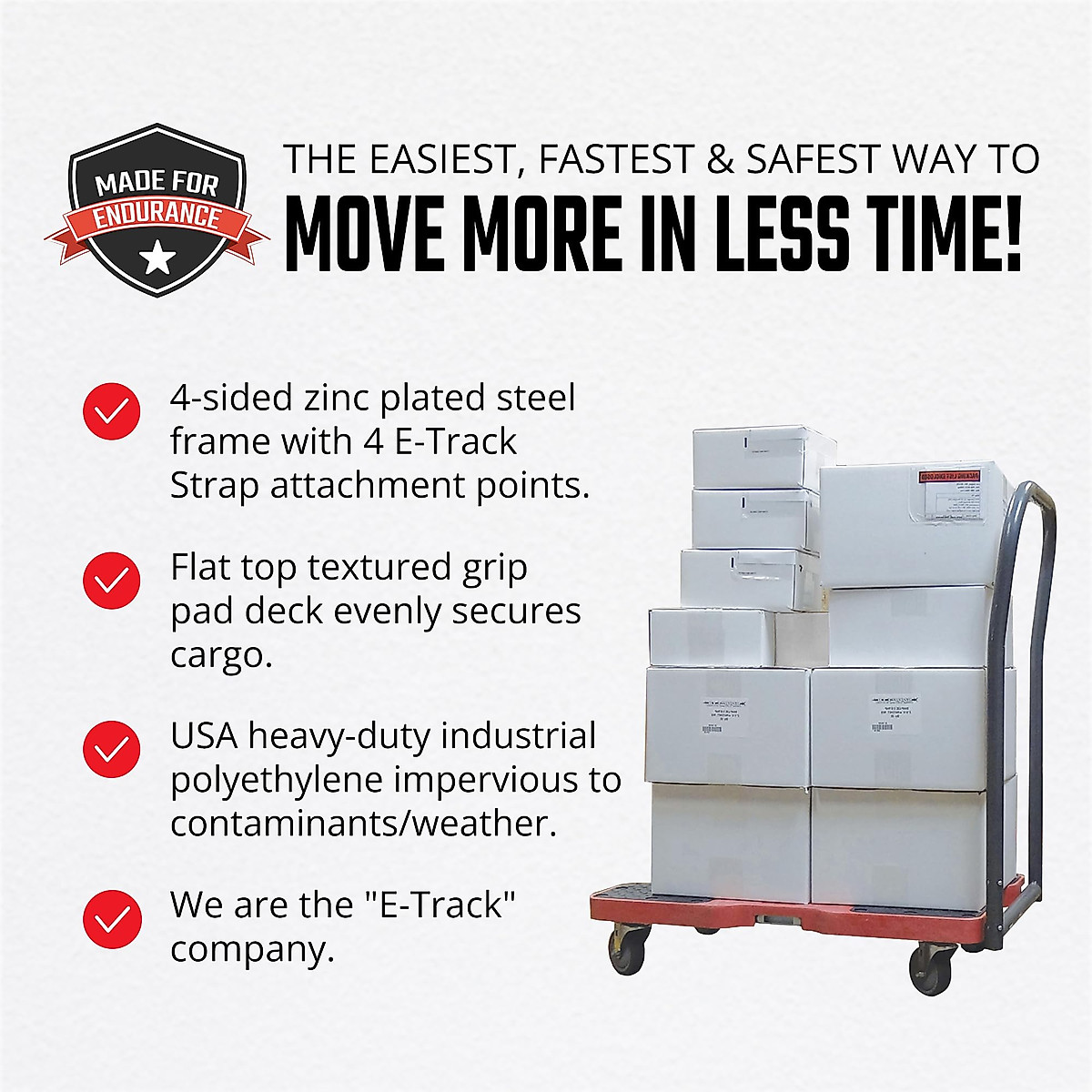 SNAP-LOC, All Terrain 4 Wheel Push Cart Dolly, Heavy Duty Dolly Cart, 6 Inch Casters, Push Bar & E Strap Attachment Included, 1,500 lb Capacity, Made in USA, Red