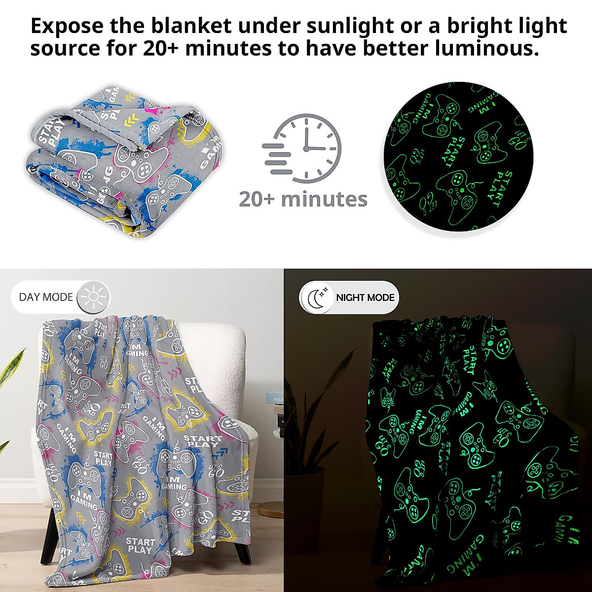 Gaming Gamer Glow in The Dark Blanket Boys Kids Teens Gifts for Birthday Halloween Christmas Gamepad Toddlers Age 1 2 3 4 5 6 7 8 9 10 11 12 13 Video Game Presents Fun Fluffy Plush Throw 50"x60"