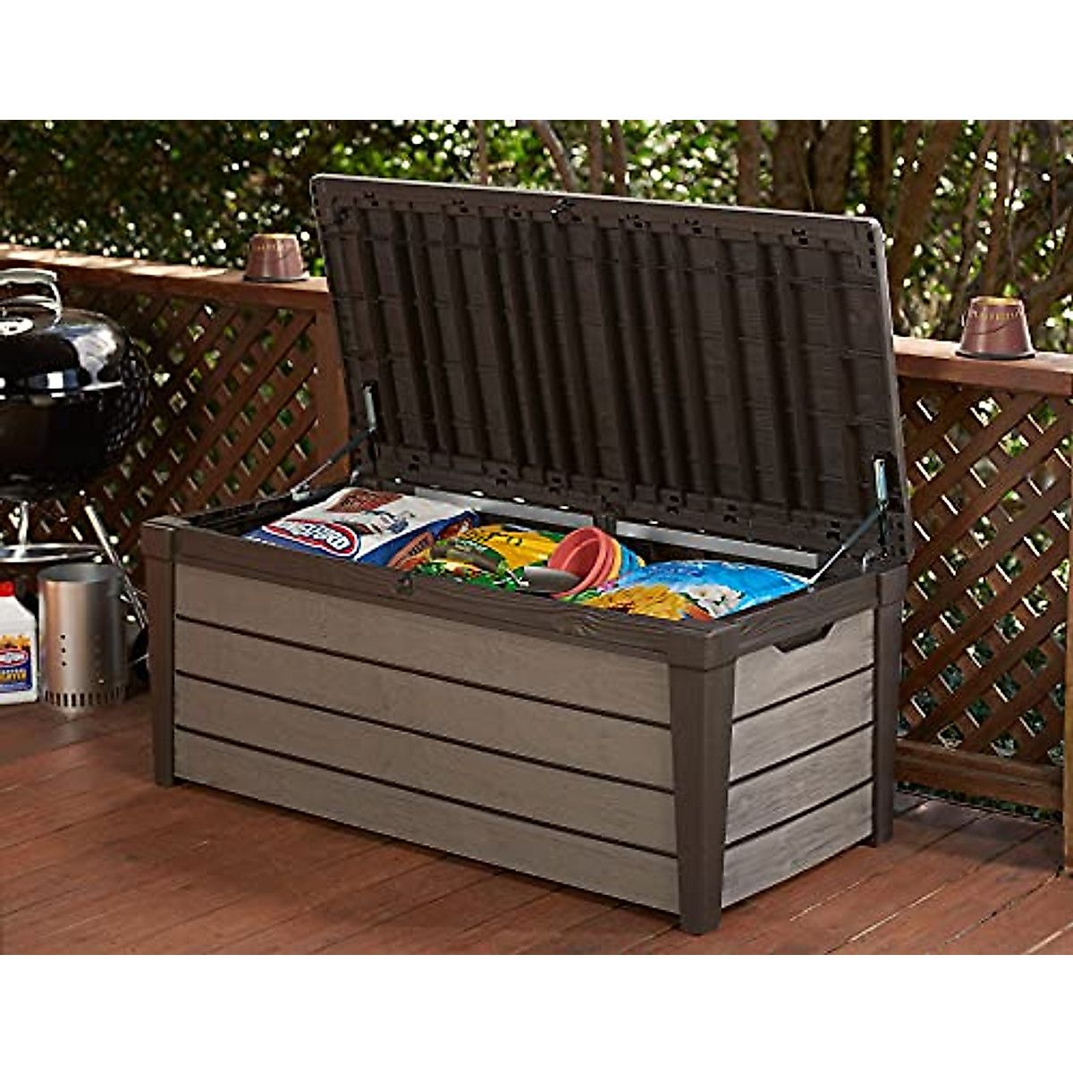 Keter Brushwood 120 Gallon Resin Large Deck Box for Patio Garden Furniture, Outdoor Cushion Storage, Pool Accessories, and Toys, Brown