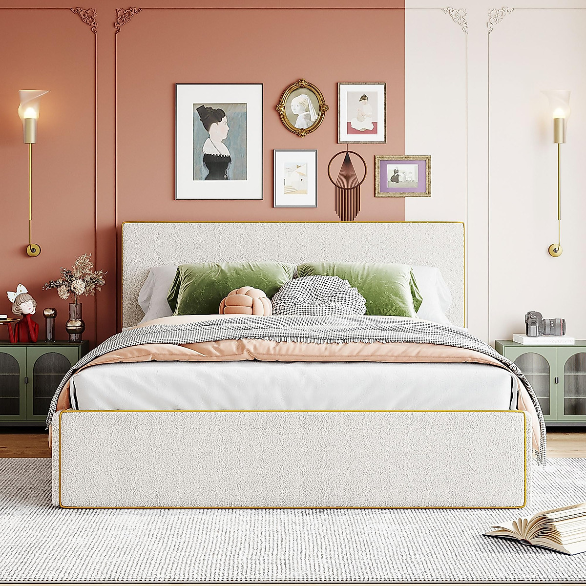 Queen Size Bed Frame with 4 Storage Drawers, Modern Upholstered Platform Bed with White Edge On The Headboard & Footboard, Wood Slat Support, No Box Spring Needed (White-Queen)