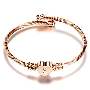 Chili Jewelry Rose Gold Women Initial S Letter Cuff Bracelets Heart Name Expandable Bangle