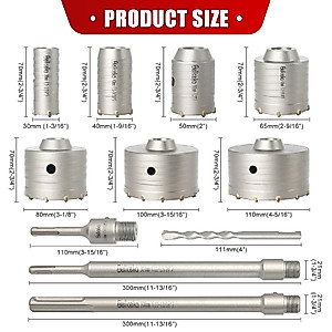 Zeliceka 17PCS Concrete Hole Saw Kit with SDS Plus & Max Shank, Kit Size 30 40 50 65 80 100 110 MM, Concrete Hole Saw Set for Concrete Brick Stone Cement Wall