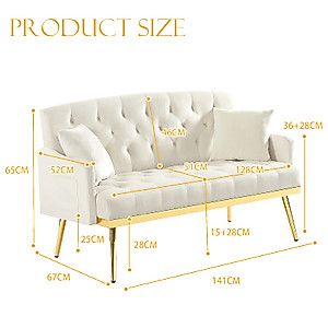 Antetek Upholstered Velvet Loveseat Sofa, Modern Small Sofa Couch with Side Pocket and Golden Metal Legs, Tufted Leisure Sofa for Living Room, Bedroom, Office, Small Space, Light Beige