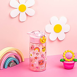 Zak Designs Kids Water Bottle For School or Travel, 16oz Durable Plastic Water Bottle With Straw, Handle, and Leak-Proof, Pop-Up Spout Cover (Sunny Smiles)