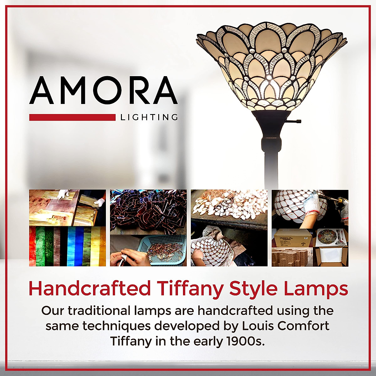 Amora Tiffany Floor Lamp Torchiere - Traditional Style Peacock Design 69” Stained Glass Lamp, Custom Handcrafted Pole Lamp with 3-Way Rotary Switch - Decorative Floor Lamp for Living Room