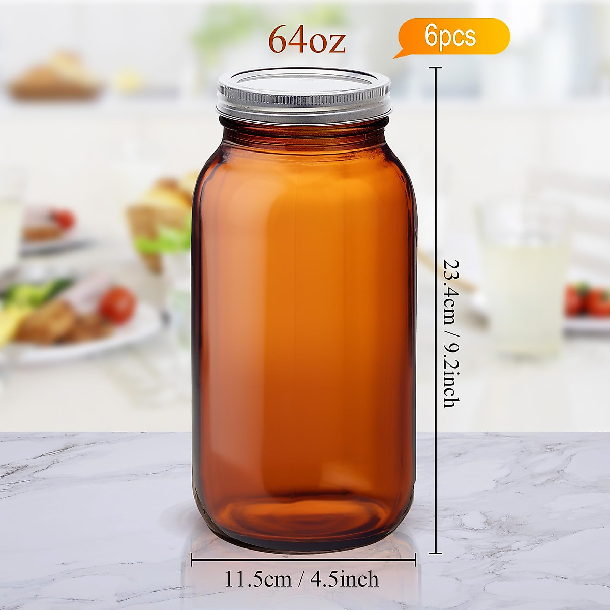 6 Pieces 64 oz Amber Glass Mason Jars Glass Mason Jars Amber Canning Jar Container Set Embossed Half Gallon Fermenting Jars with Airtight Lids for Canning Freezing Preserving Beverages Jar Decor