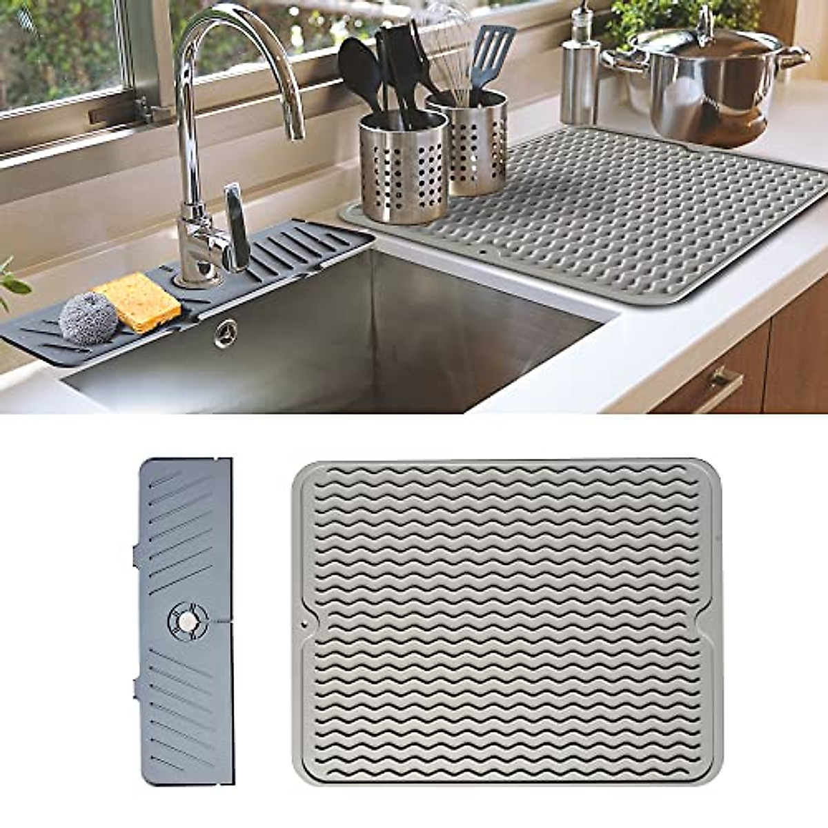 Dish Drying Mat Faucet Splash Guard Kits, Kitchen Bathroom Silicone Faucet Mat Sink Water Splash Guard, Silicone Mat Heat Resistant Mat Drying Mat for Kitchen Counter (Grey)