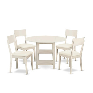 East West Furniture SUAD5-LWH-LC 5 Piece Dining Room Furniture Set Includes a Round Kitchen Table with Dropleaf & Shelves and 4 Faux Leather Upholstered Chairs, 42x42 Inch, Linen White