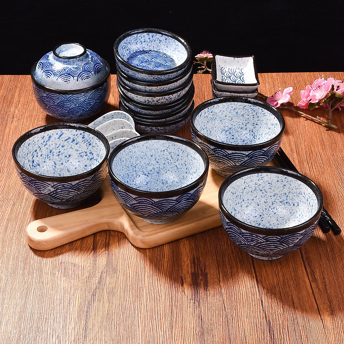 Cerficer Japanese Rice Bowl - 10.2oz Ceramic Sushi Bowl with Blue Wave Pattern,Thickened Bowl Wall,Perfect Small Bowl for Rice, Snacks, Desserts, and Sauces,Asian Rice Bowl Set