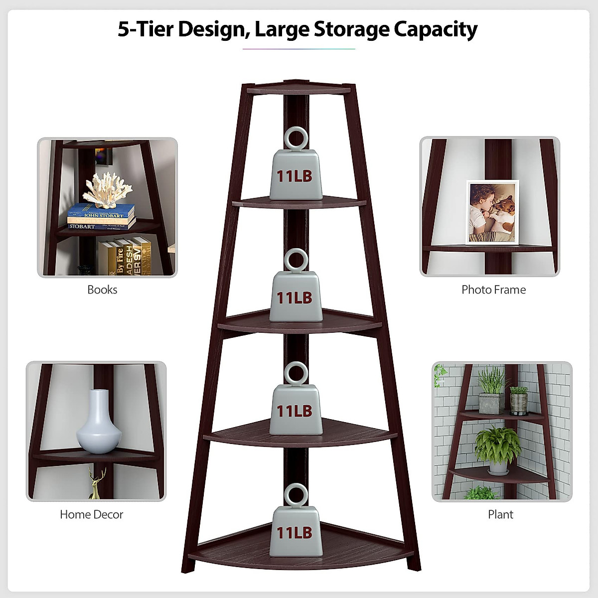 Corner Shelf, TopMade 5-Tier Corner Shelf Stand Industrial Ladder Bookcase Small Storage Rack Bookshelf Float Corner Shelves Wood Furniture Plant Stand for Living Room Kitchen Home Office-Rustic Brown