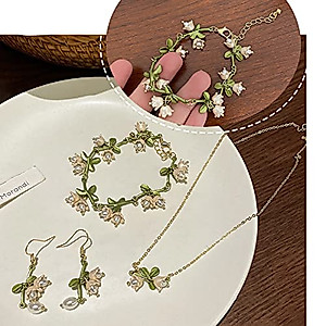 yomlry Flower Leaf Jewelry Sets for Women Green Pearl Necklace and Earring Sets Lily of the Valley Dangle Earrings Green Prom Jewelry for Women Girls lily of the valley1