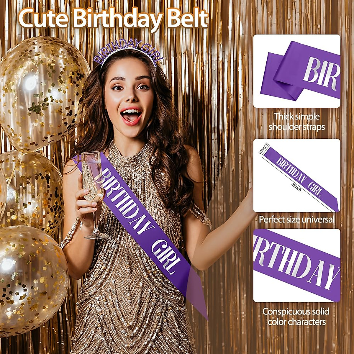 Birthday Sash Birthday Crown for Women, Birthday Girl Sash, Birthday Girl Crown, Purple Birthday Sash and Crown Rhinestone Headband Set, Happy Birthday Girl Princess Tiara Sash Accessories Gifts
