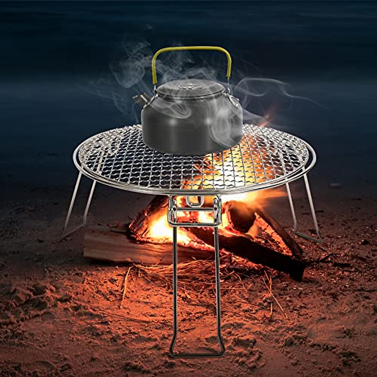 Lineslife Folding 13.4'' Round Campfire Grill Grate, Portable Stainless Steel Camp Fire Cooking Racks with Removable Net 3 Legs for Outdoor Camping Cooking Fire Pit, Silver