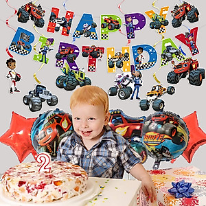 Blaze Birthday Decorations Blaze and The Monster Machines Party Balloon Banner and Hanging Swirls for Kid, Boys and Girls Happy Birthday Banners