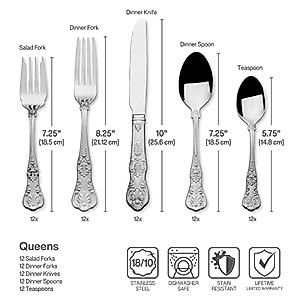 Wallace Queen 65-Piece 18/10 Stainless Steel Flatware Set, Silver, Service for 12 -