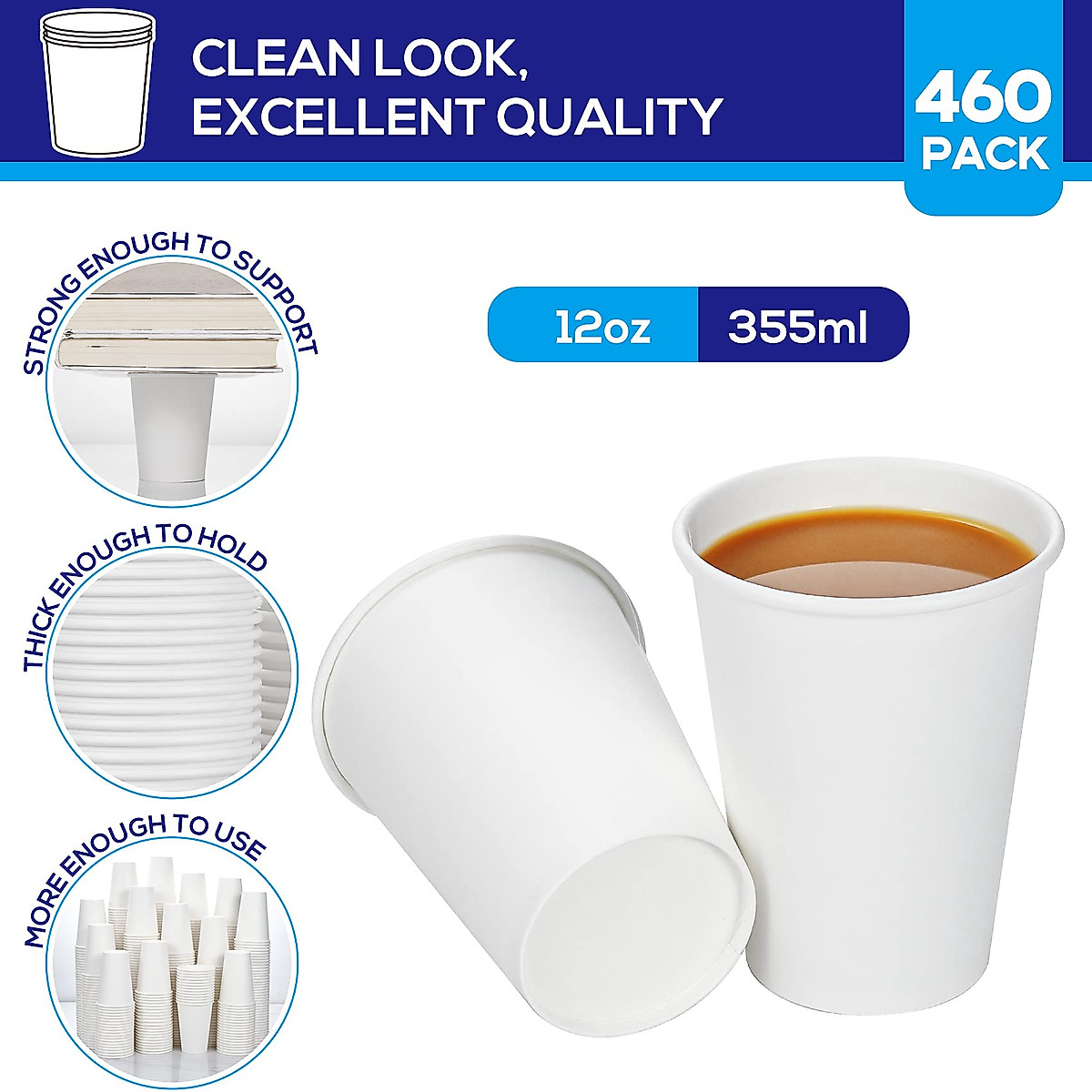AOZITA [460 Pack] 12 oz White Paper Cups, Disposable Paper Coffee Cups, Heavyduty Drinking Cups for Hot and Cold Beverage.