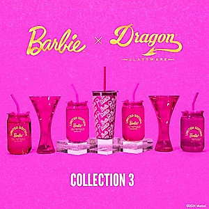 Dragon Glassware x Barbie Drinking Glasses - Pink and Magenta - 16 oz Can Shaped Glass Cups with Lids and Straws Set of 4 - Iced Coffee Cups with Lids - Glass Tumbler with Straw and Lid