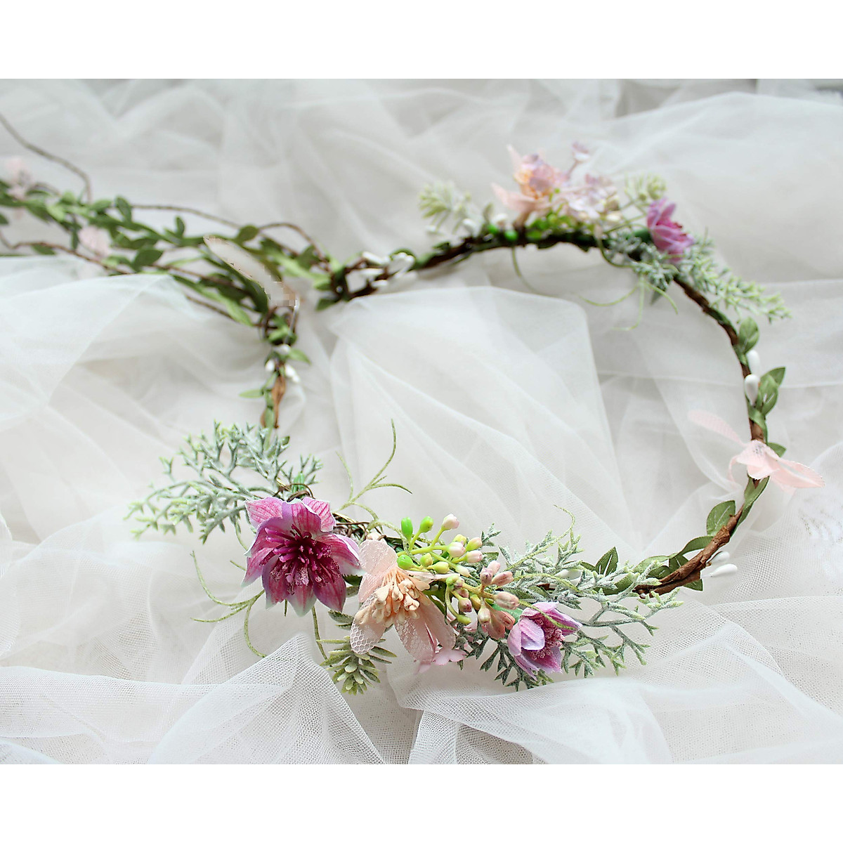LLinfflr Vine Flower Crown Boho Flower Headband Hair Wreath Floral Halo Headpiece with Ribbon Wedding Party Photos Rosy