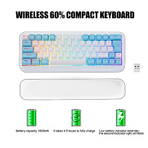 7KEYS 60% 2.4G Wireless Gaming Keyboard with Wrist Rest, Compact 63 Keys Mini RGB Light up Keyboard for PC Mac Laptop, Portable, Rechargeable Suit for Typing and Gaming(White&Blue)