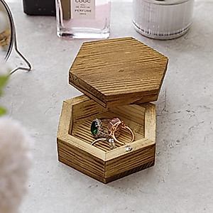 MyGift 3 Inch Brown Solid Wood Wedding Ring Box, Hexagon Shape Trinket Box and Ring Holder, Small Jewelry Gift Box
