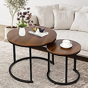 Coffee Tables for Living Room - Small Round Coffee Table Set of 2, Center Table with Solid Wood Grain Table Top and Sturdy Metal Frame, Nesting Tables for Small Spaces, Easy to Assemble (Walnut)