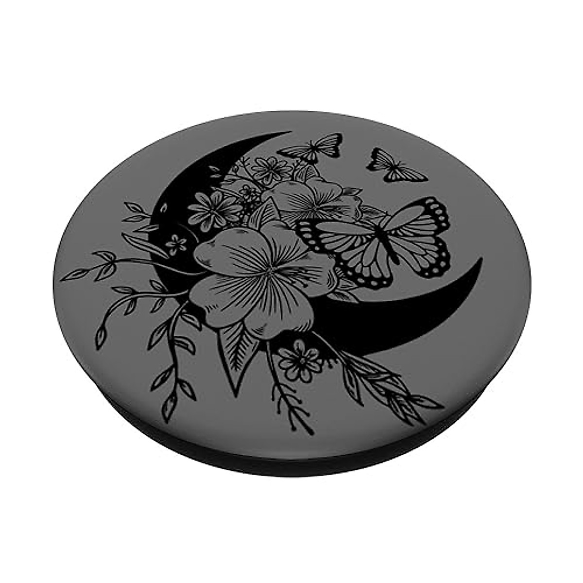 Mid Grey Gray Black Butterfly Crescent Moon Flower PopSockets Standard PopGrip